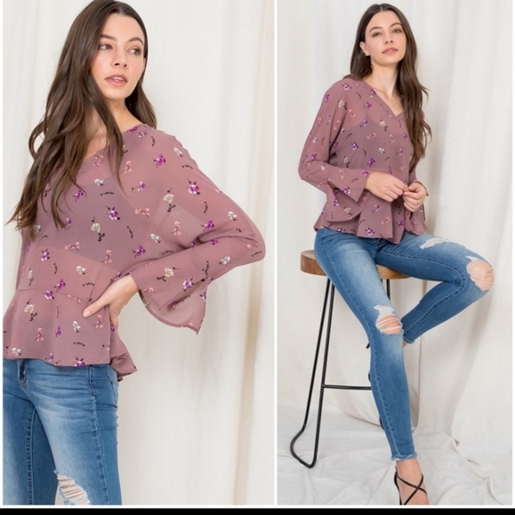 Butterfly Dsigns | Tops | V Neck Sheer Floral Top With Bell Long ...